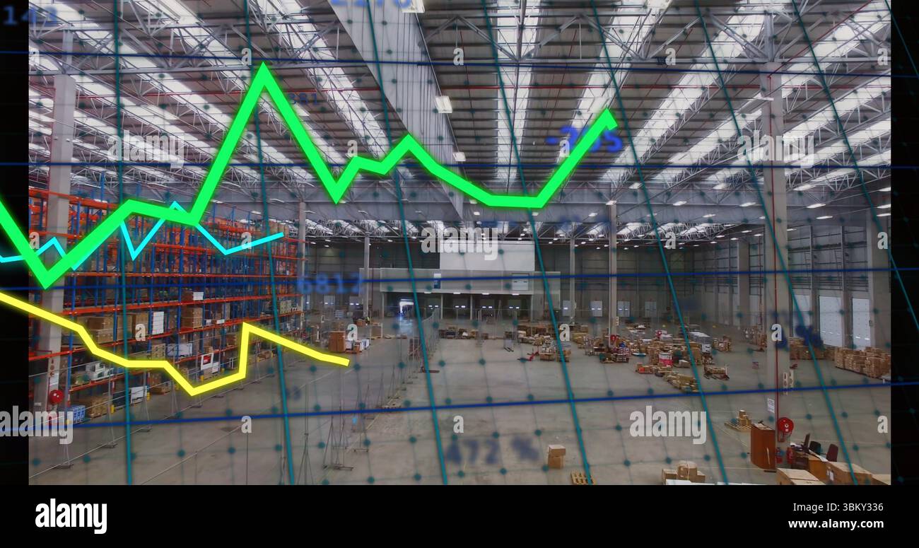 Showing warehouse distribution center with metal shelving racks, grid ...