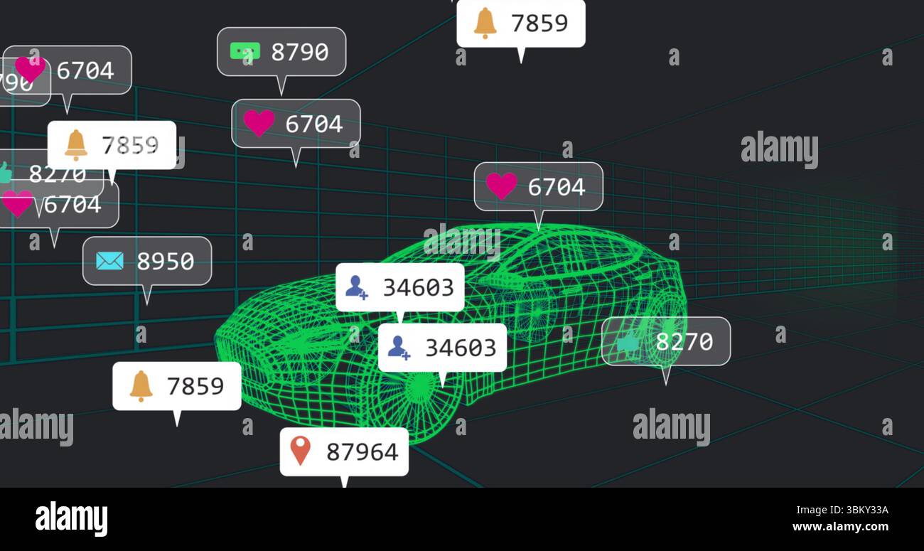 Floating wireframe sports car model rotating within 3D grid space, with ...