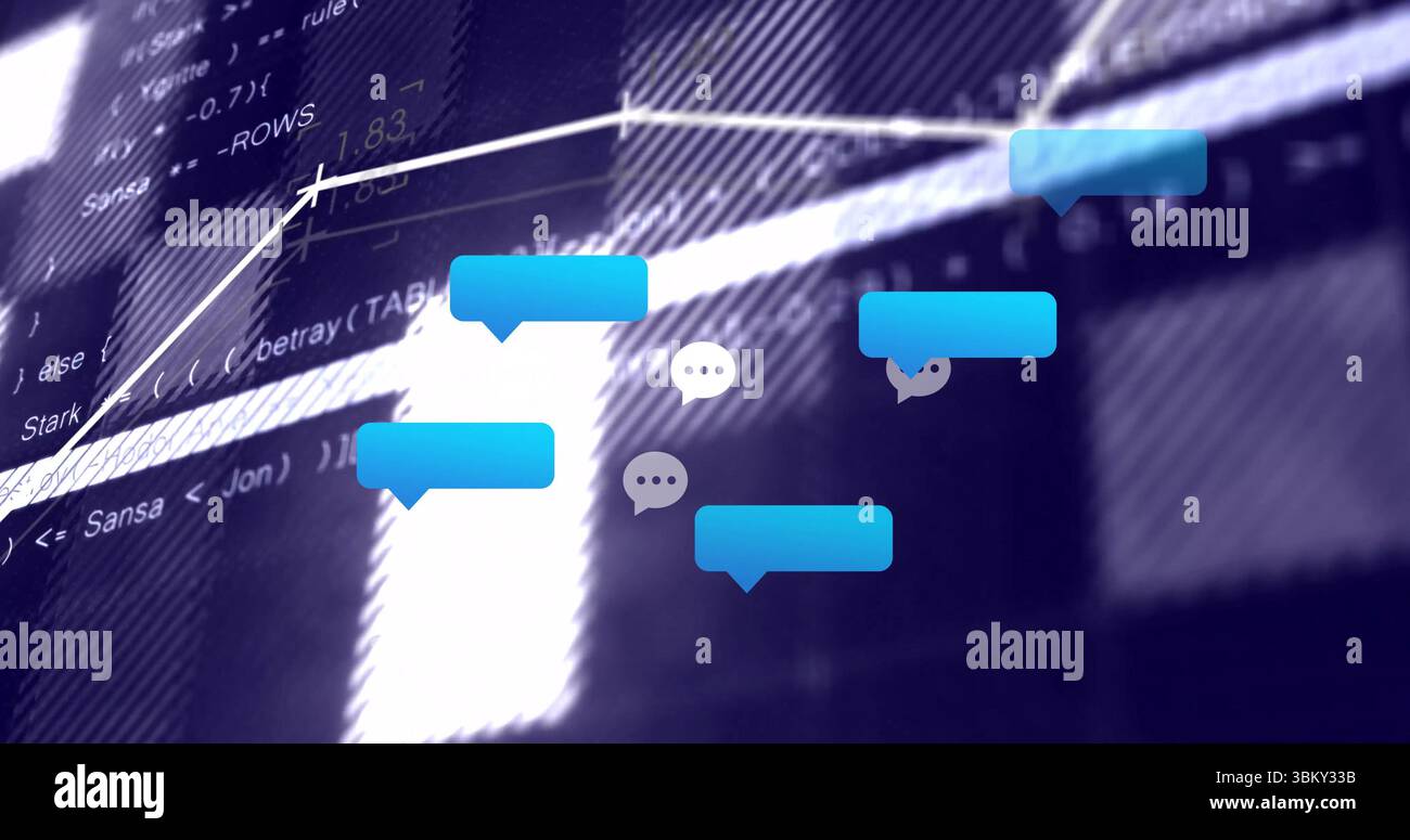 Displaying blue chat bubbles floating on dashboard with gray speech icons, code and diagonal ...