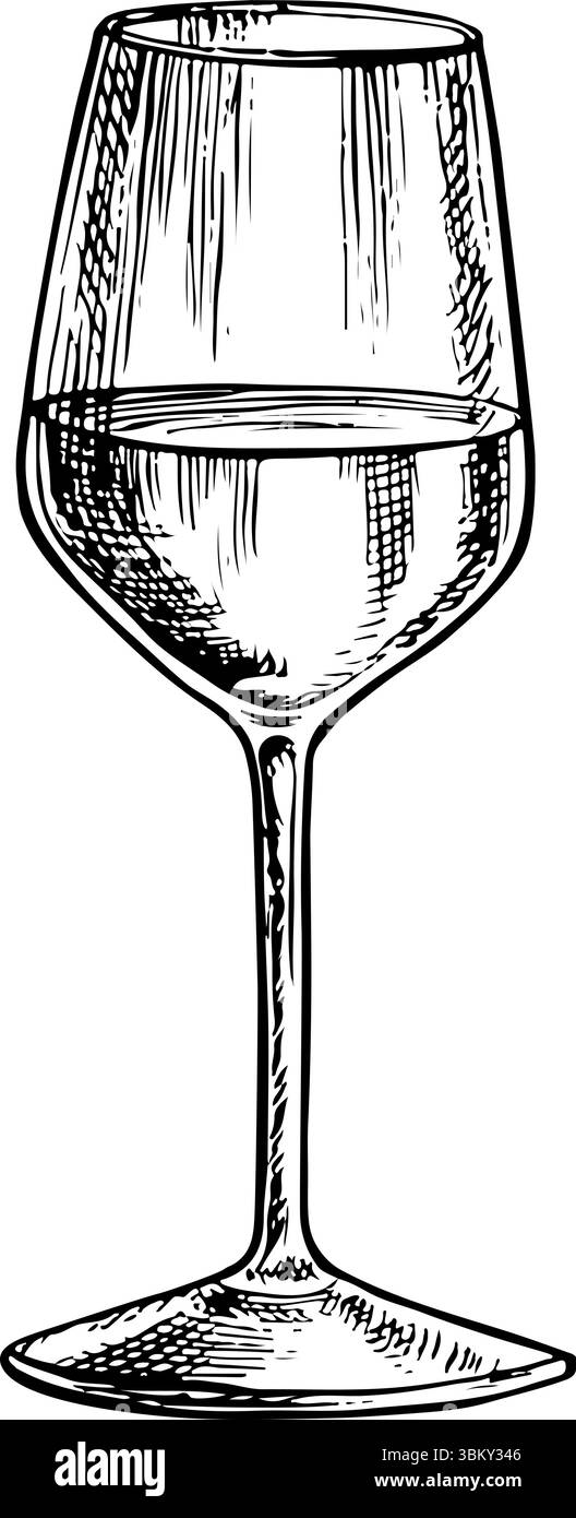 A glass of wine. Vector graphics, black and white hand-drawn ...