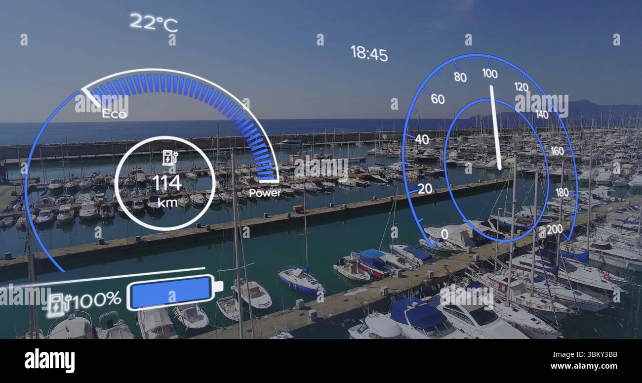 Displaying digital HUD showing speedometer, range, battery bar over ...