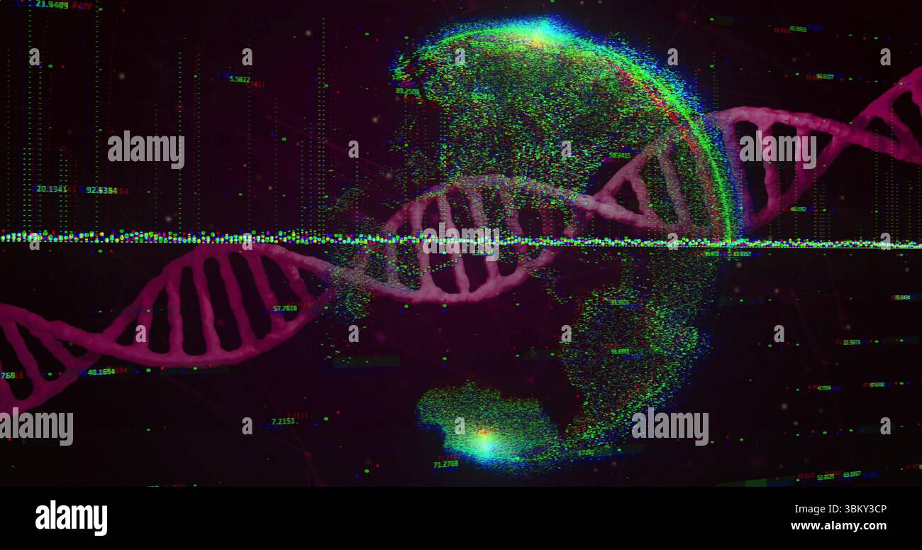 Showing DNA helix in data space, with globe, numeric overlays, glitch ...
