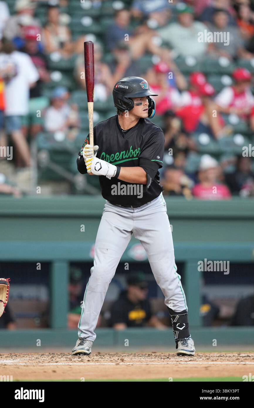 Jase Bowen (9) of the Greensboro Grasshoppers at bat in a South ...