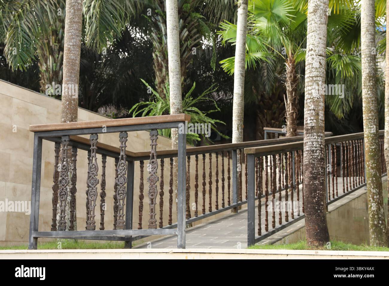 Bali, Indonesia - June 04, 2025: Pathway with railings and green palm ...
