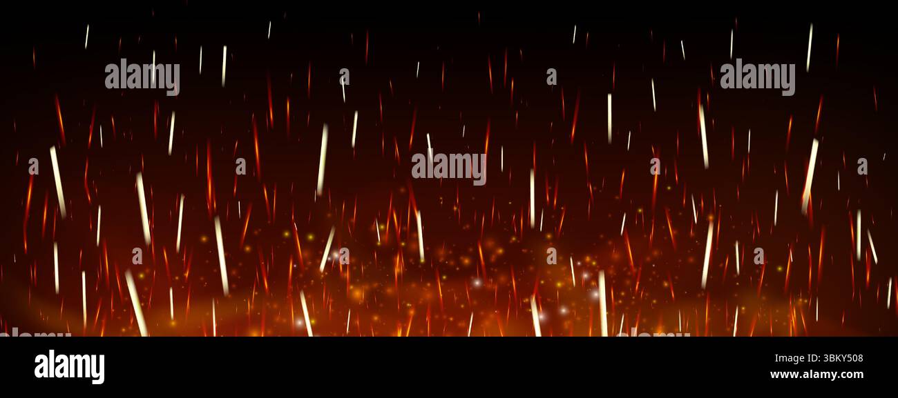 Realistic fire sparks and glowing embers on dark background with smoke ...