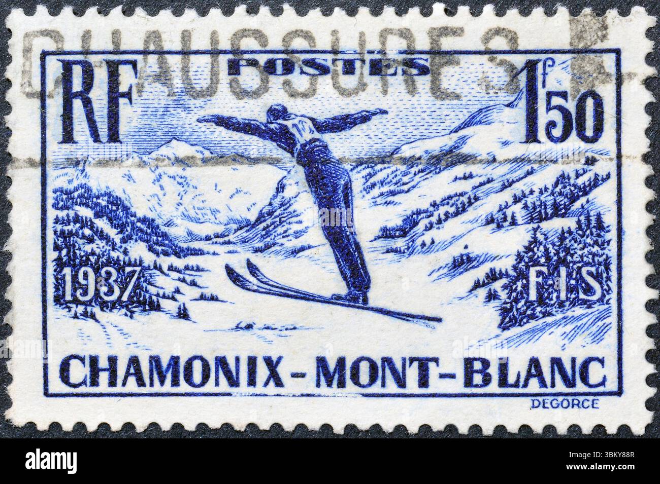 Cancelled postage stamp printed by France, that shows Ski jump ...