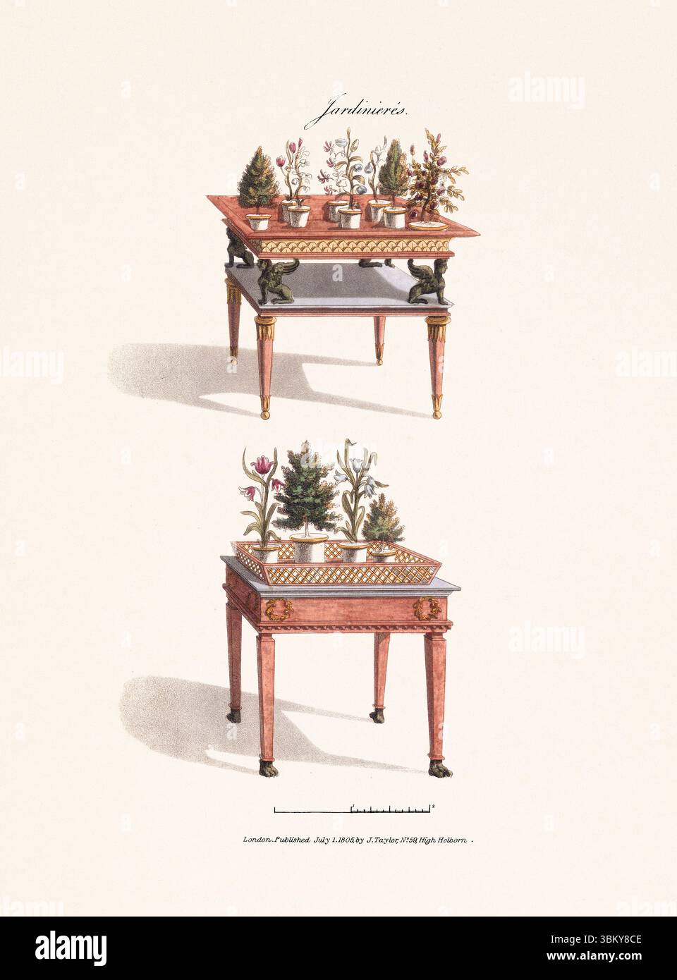 Jardiniere table design. Antique interior design plate from an 1800s ...