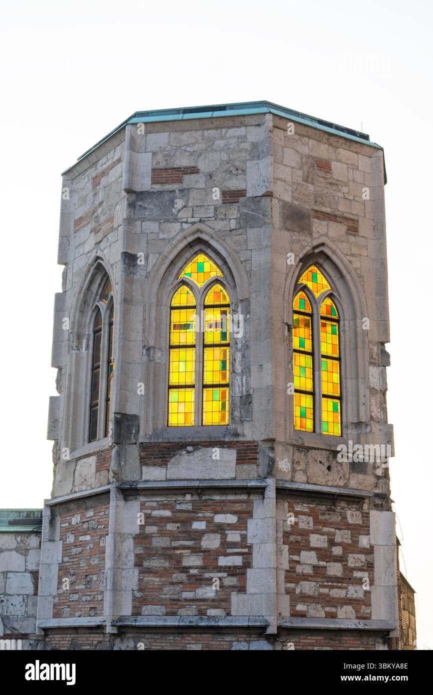 Medieval church tower ruin with colorful stained glass windows Stock ...