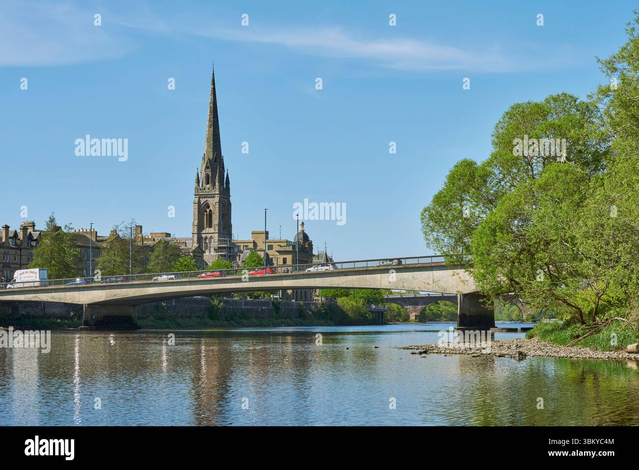 A view of the river Tay flowing through Perth past the 212 foot tall St ...