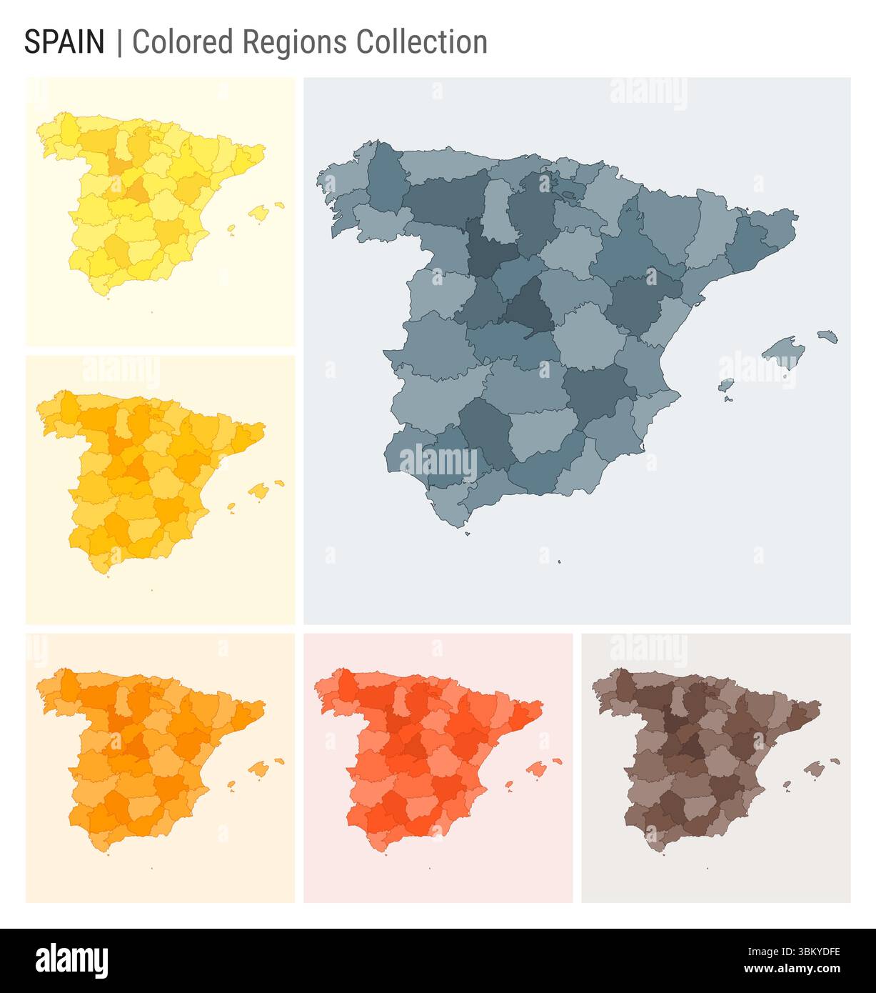Spain map collection. Country shape with colored regions. Blue, Grey ...