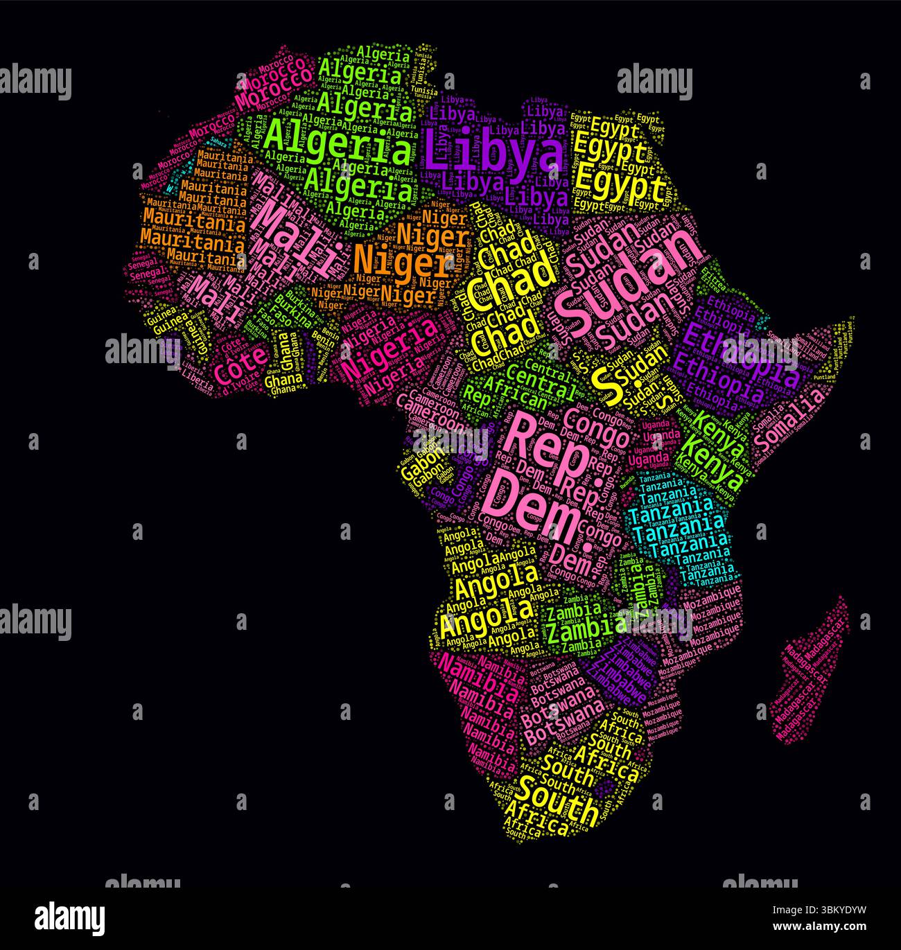 Africa Regions Word Clouds. Bright typographic style design on dark ...