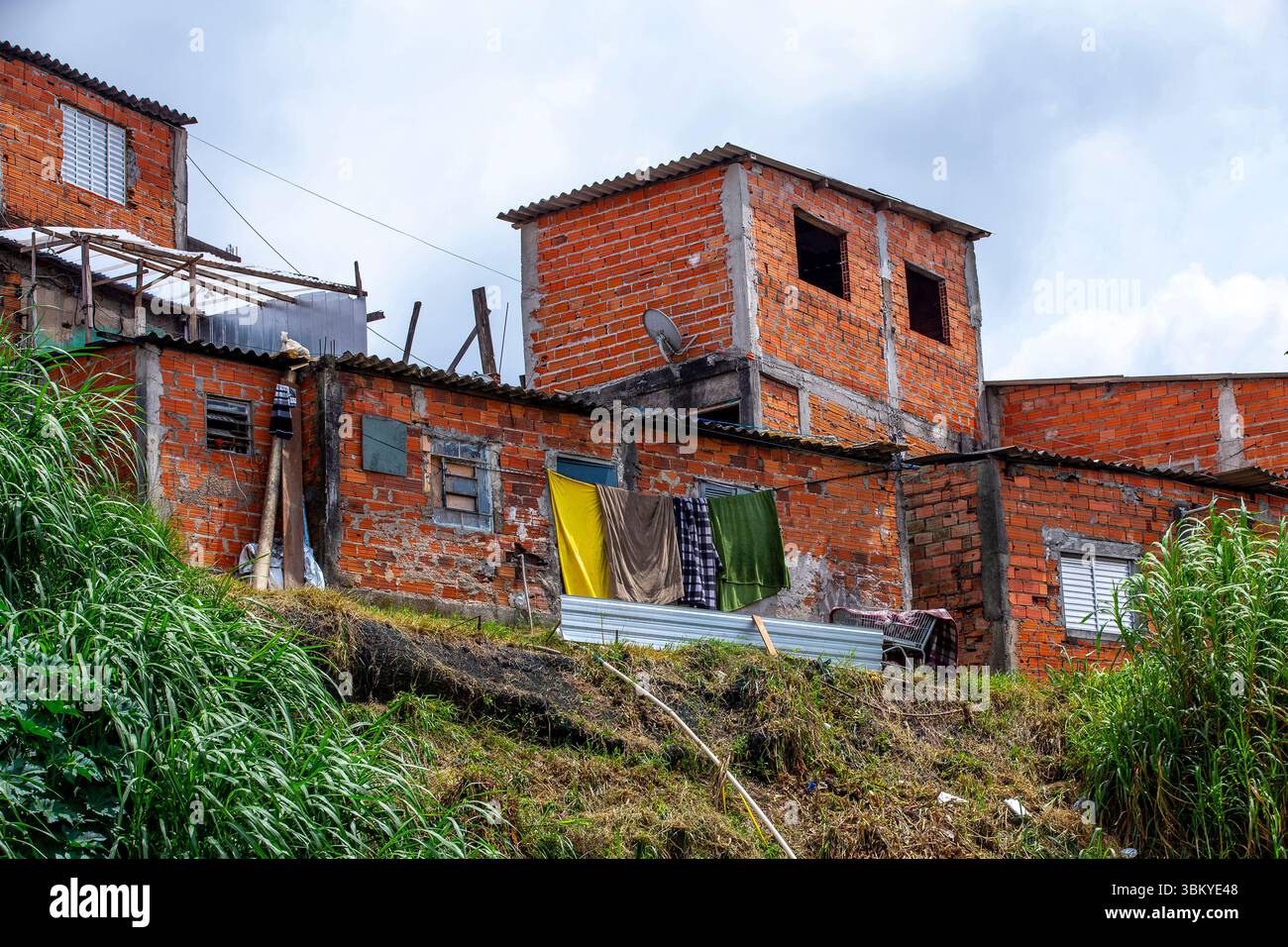 View of shacks in a favela in the middle of the Atlantic Forest ...