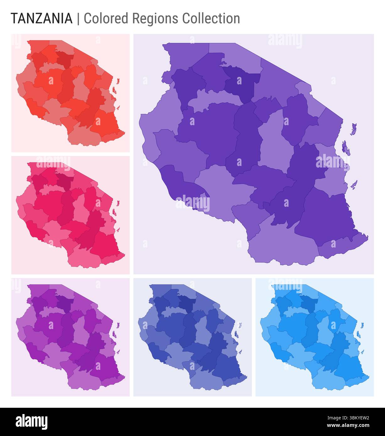 Tanzania map collection. Country shape with colored regions. Deep Purple, Red, Pink, Purple ...