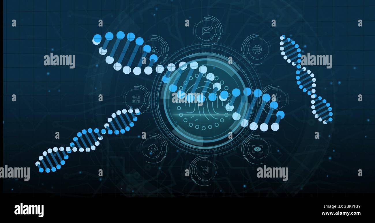 Displaying central HUD glowing with DNA helix at blue grid screen ...