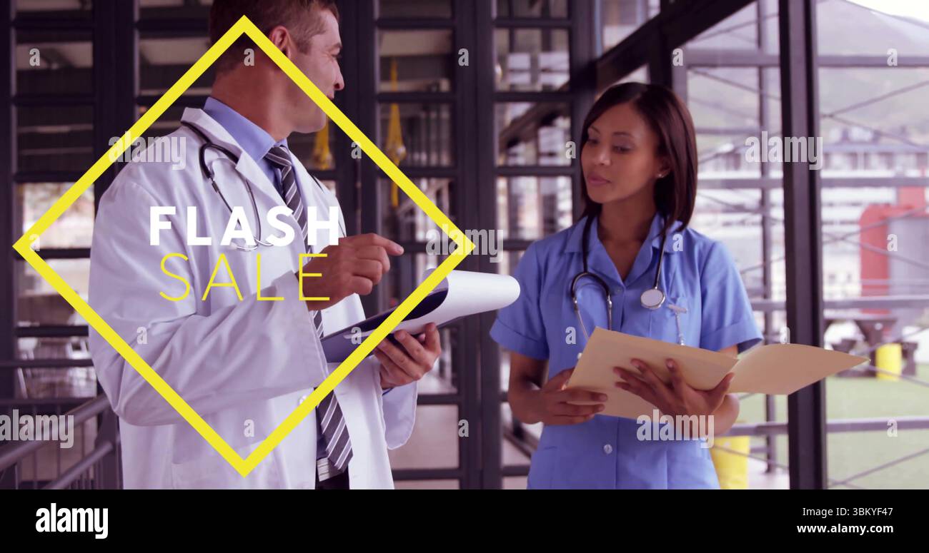 Doctor in lab coat, nurse in scrubs standing in clinic corridor, with ...