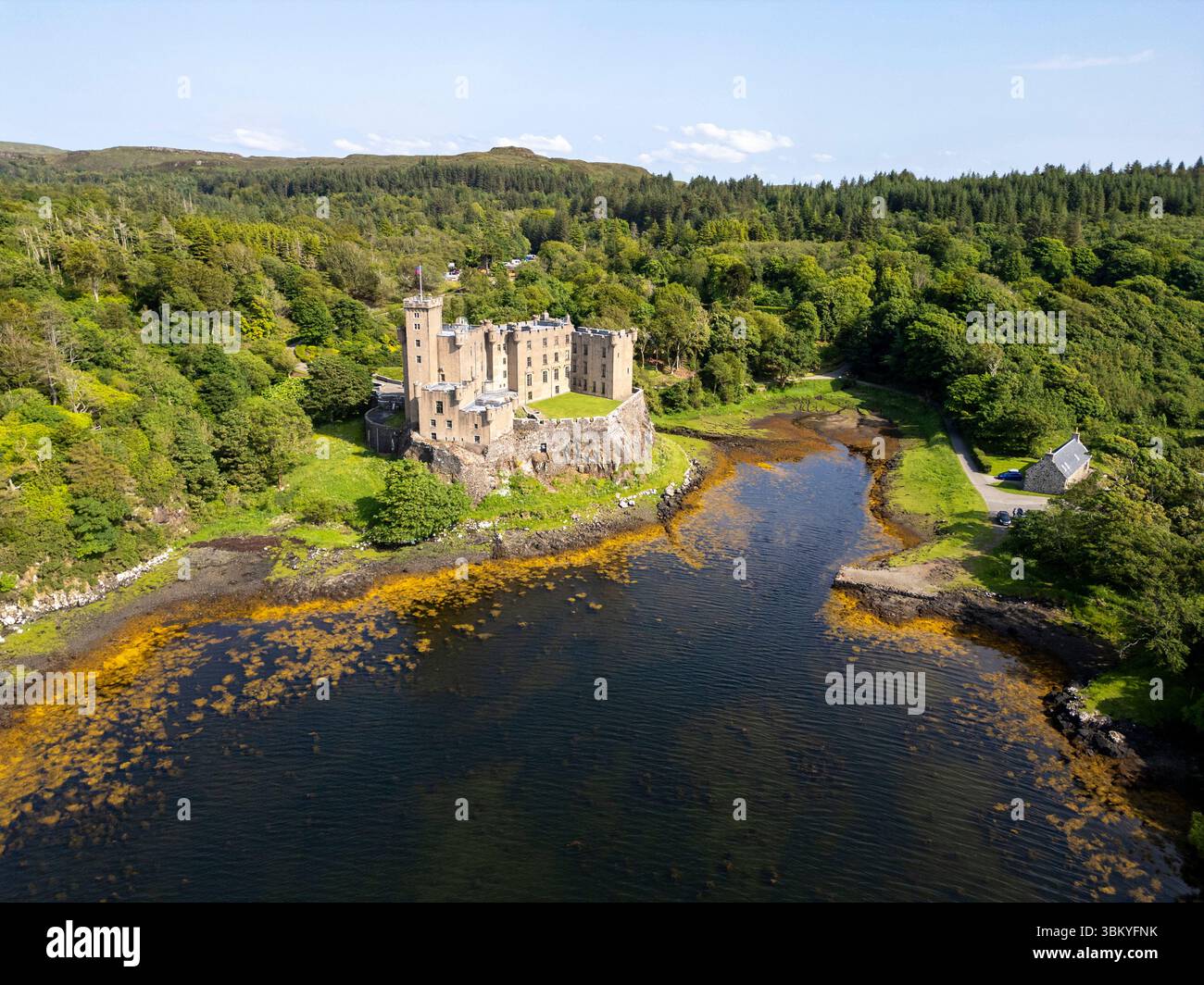 Aerial drone view of Dunvegan Castle and gardens, Isle of Skye ...