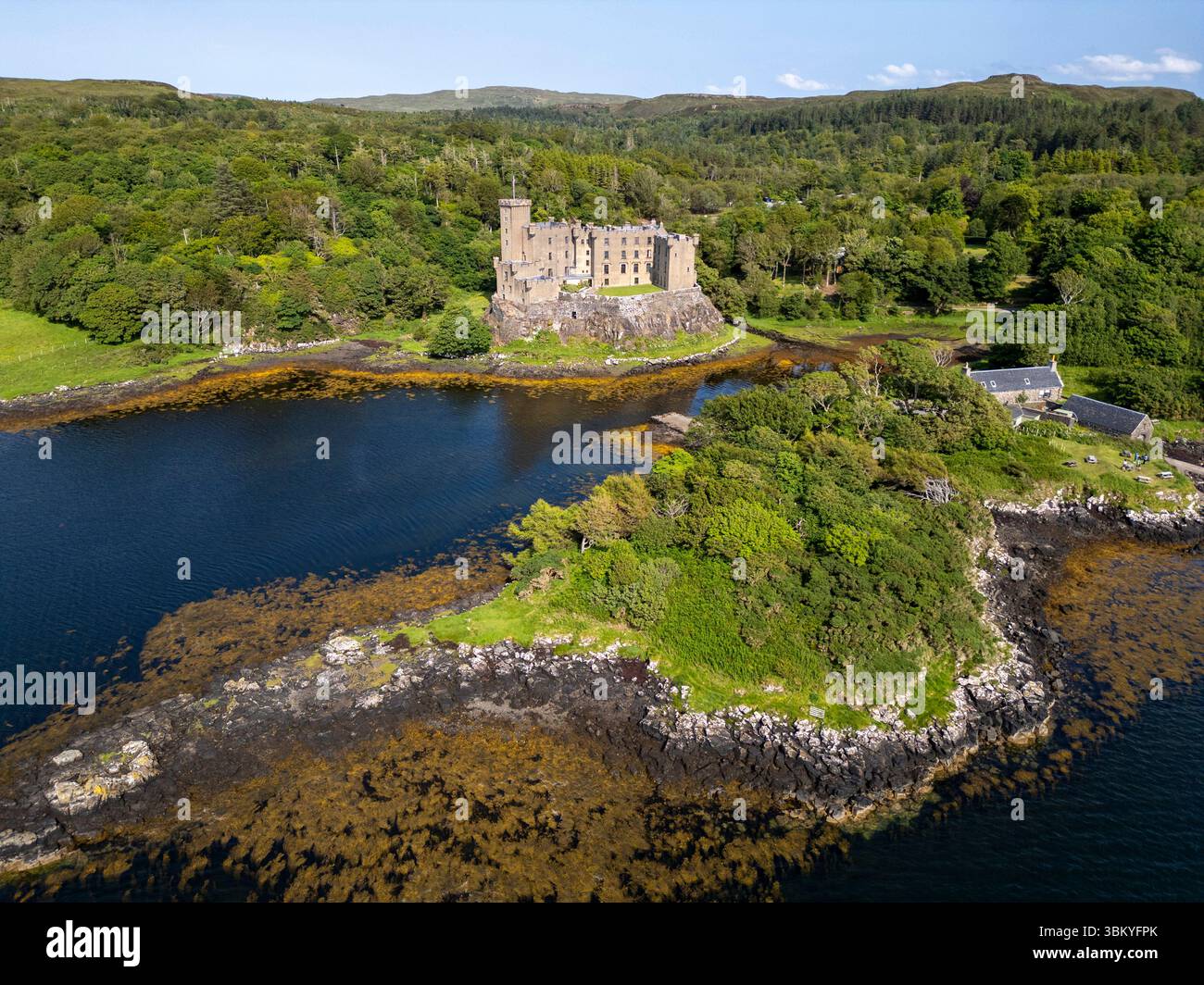 Aerial drone view of Dunvegan Castle and gardens, Isle of Skye ...