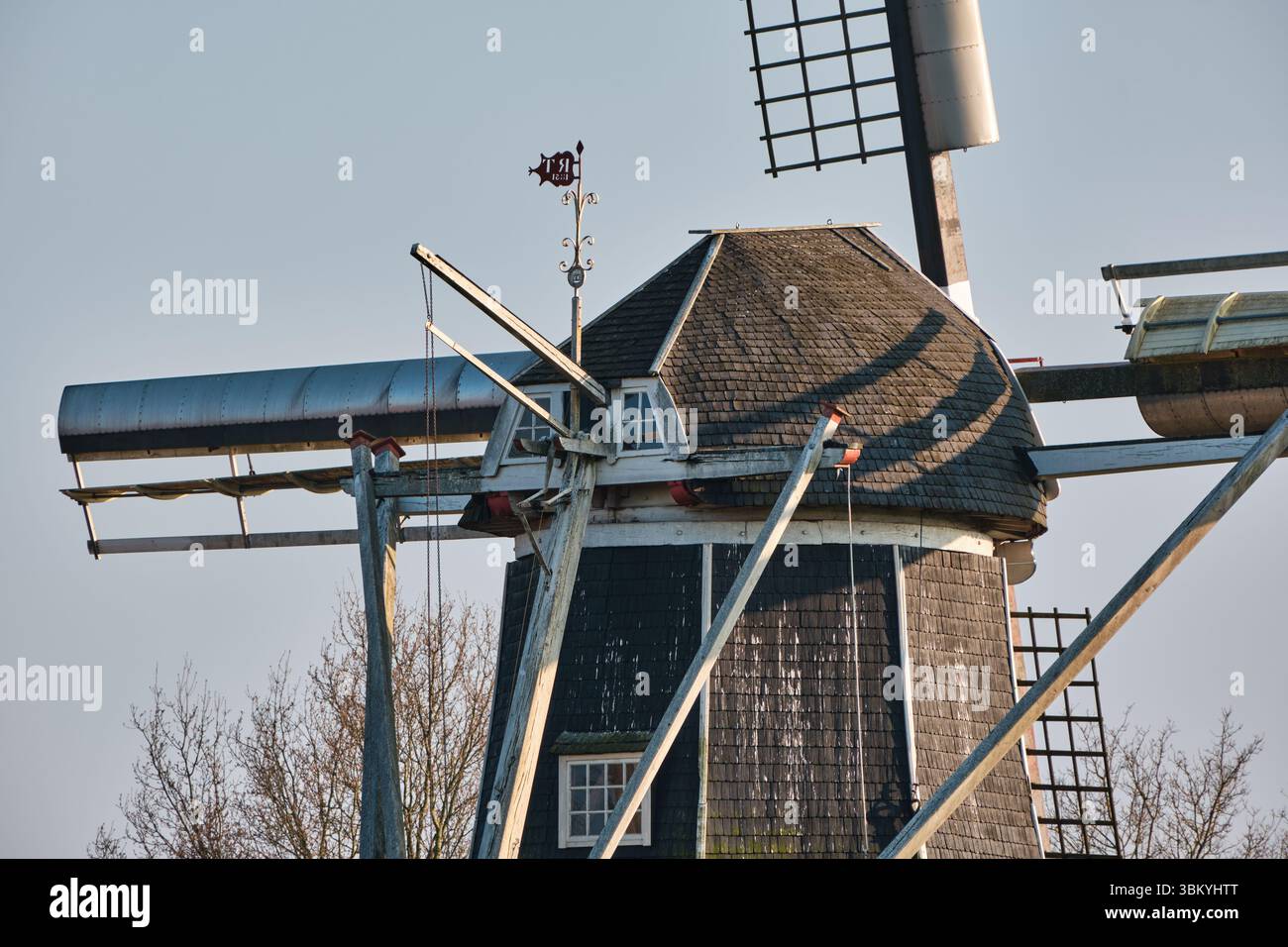 Detailed view of the upper structure and sails of Meenkmolen, a ...