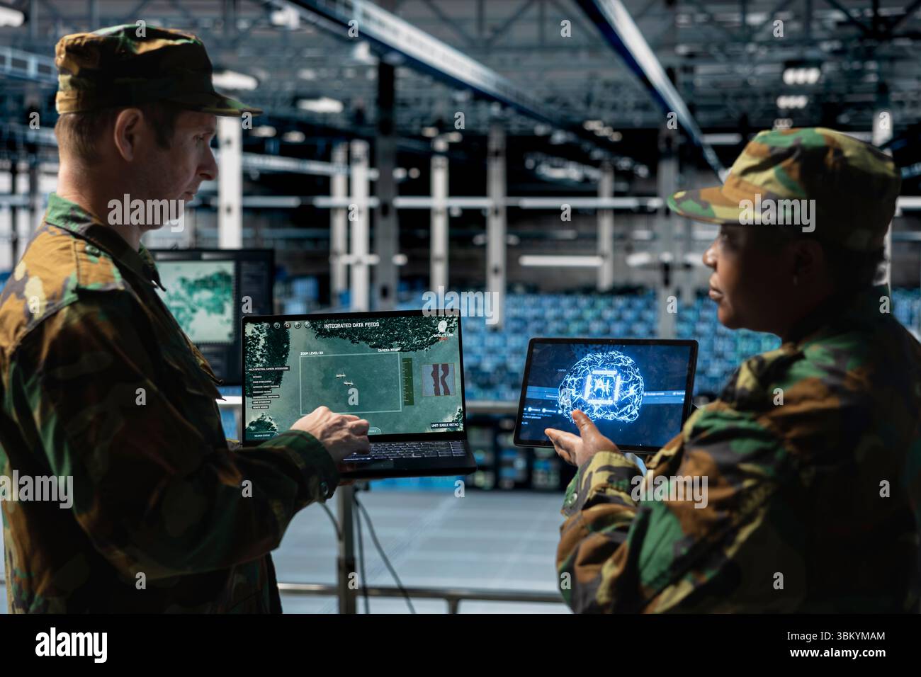 Team of army experts in data center analyzing missiles flight paths ...