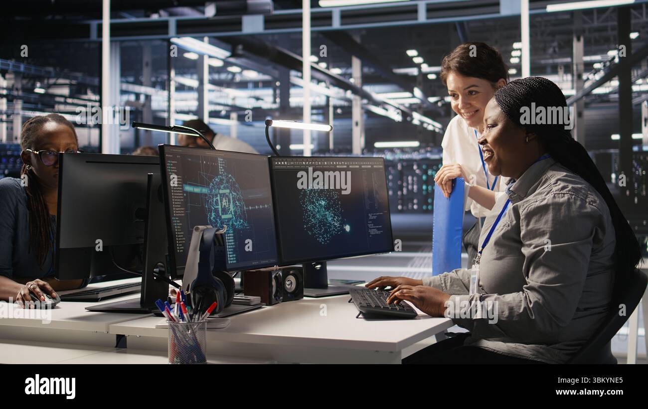 Data center team leader and IT expert reviewing performance dashboards of AI equipment rigs ...