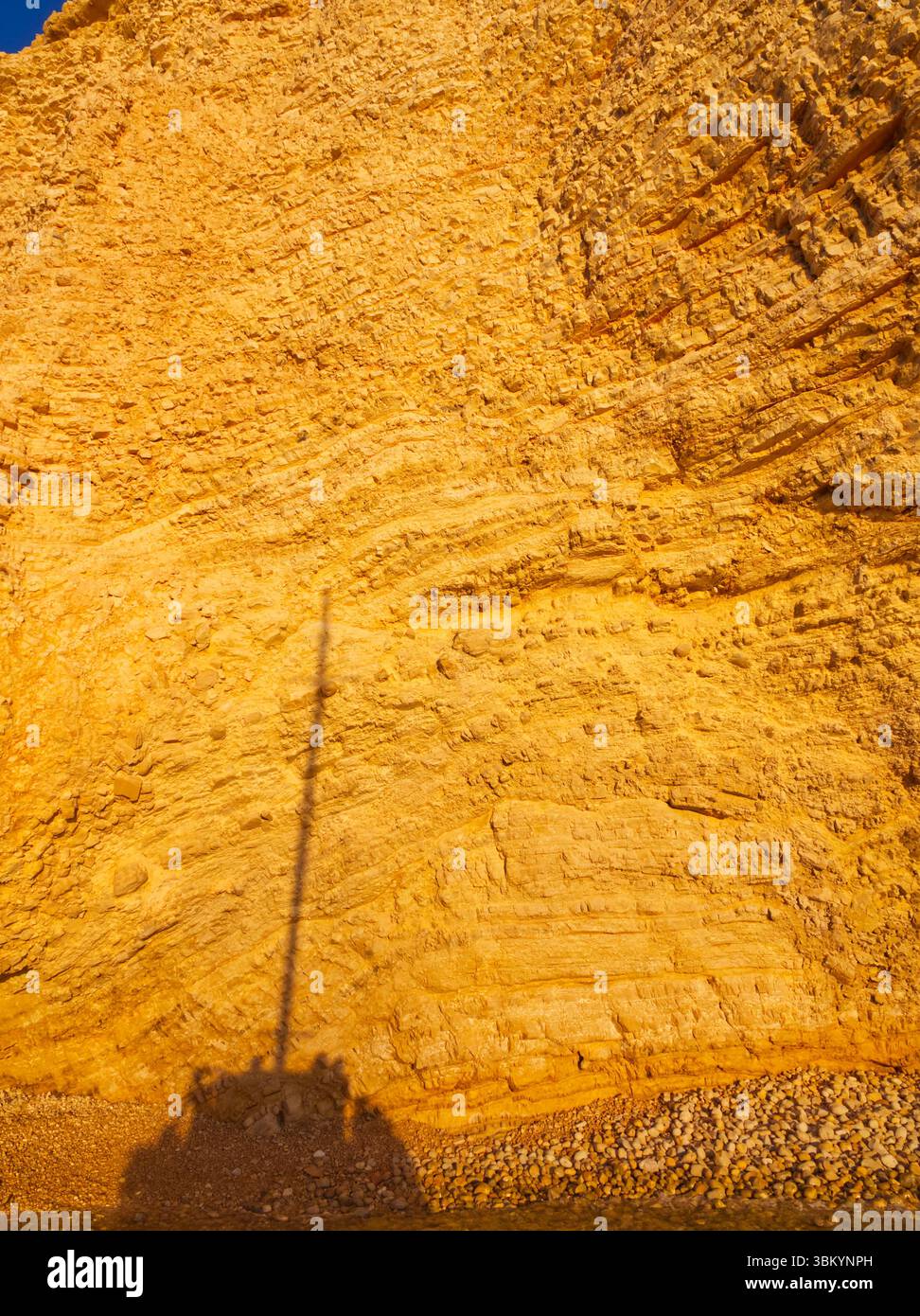 Sunlit golden sandstone cliff face with layered sedimentary rock and a ...