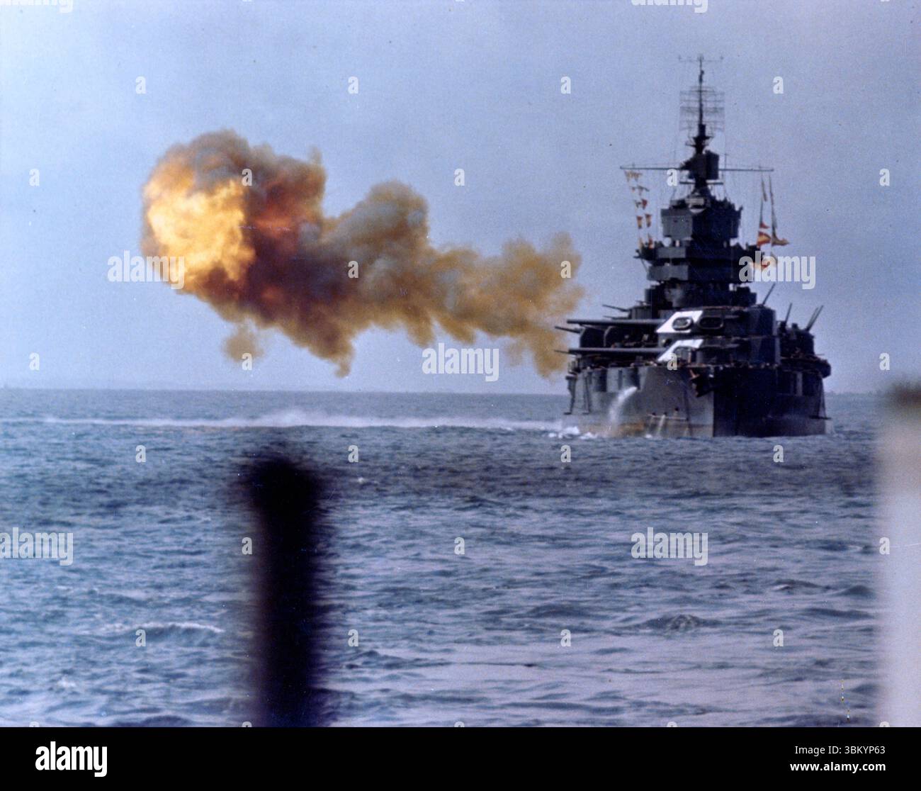 OFF OKINAWA, JAPAN - 01 April 1945 - The USS Idaho (BB-42) bombards ...