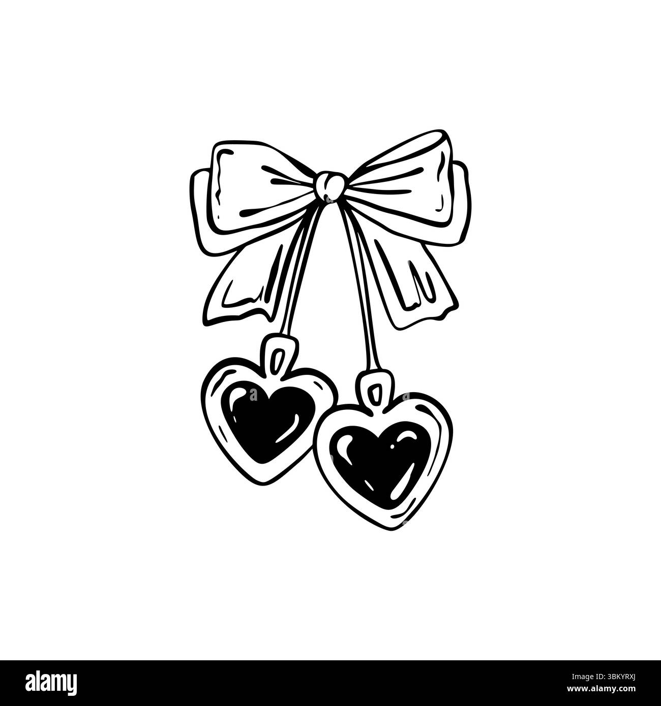Hand drawn girly cherry two hearts with coquettish cute ribbon bow ...
