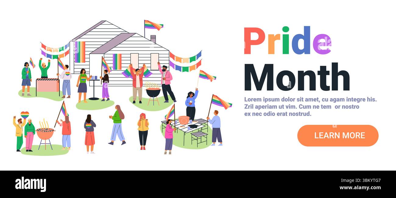 Pride month celebration diverse people rainbow flags outdoor gathering ...