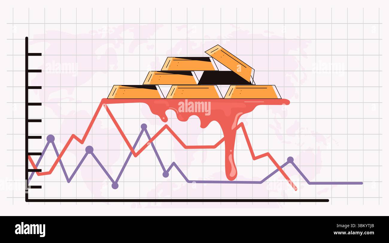 Gold bars financial crisis recession concept melting bullion over falling graph lines on world ...