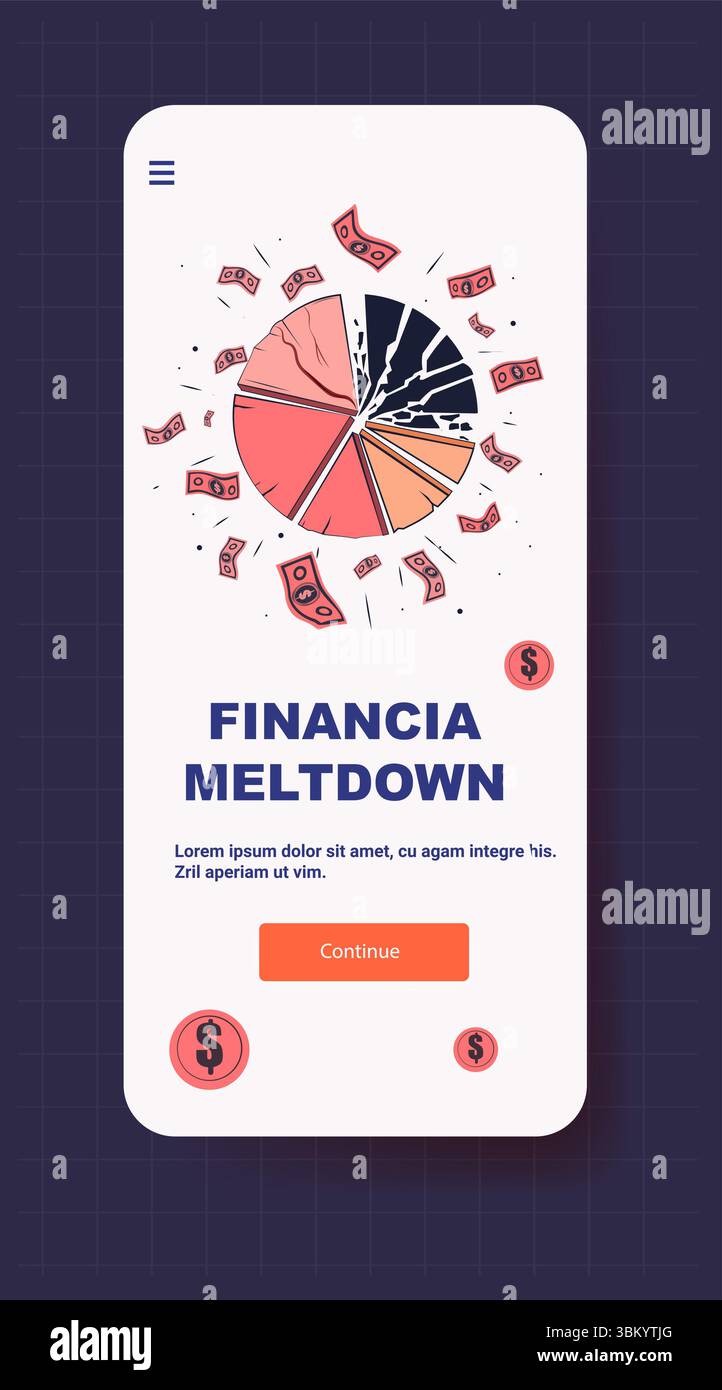 Broken pie chart financial crisis money loss shattered graph flying ...