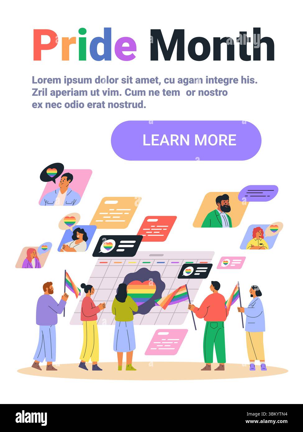Pride month celebration diverse people rainbow flags calendar event ...