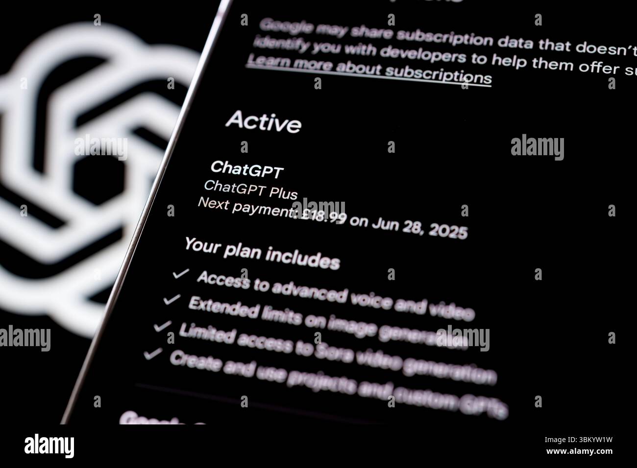 ChatGPT Plus subscription benefits and renewal date displayed on ...