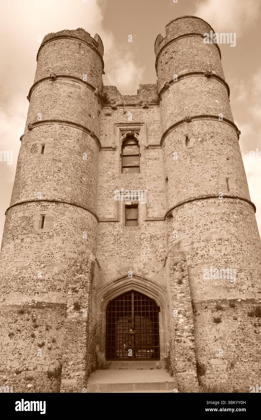 Sepia-toned photograph of Donnington Castle, a historic ruined medieval ...