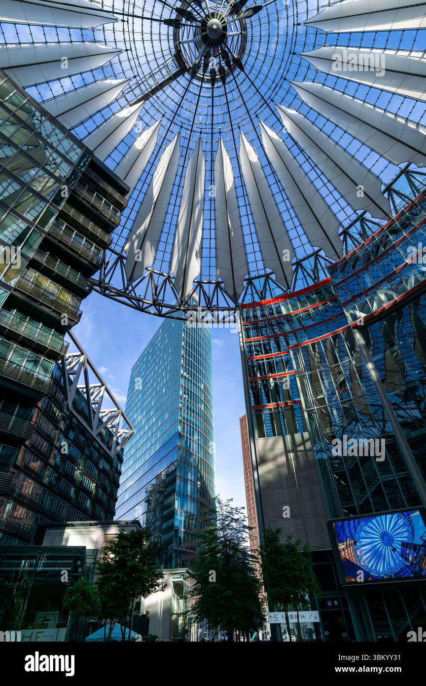 View of the Sony Center roof and BahnTower at Potsdamer Platz in Berlin ...