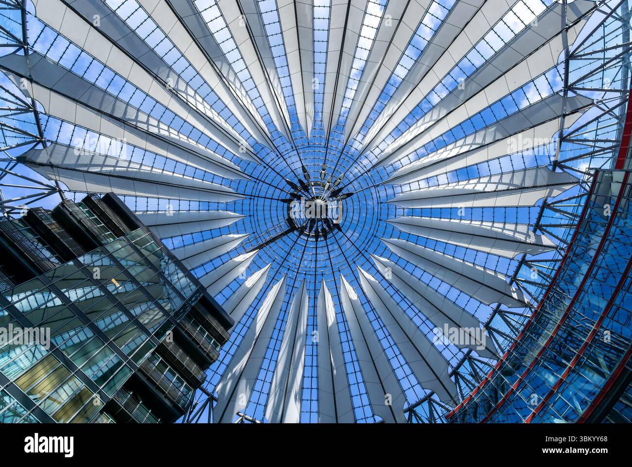 View straight up into the striking roof structure of the Sony Center in ...