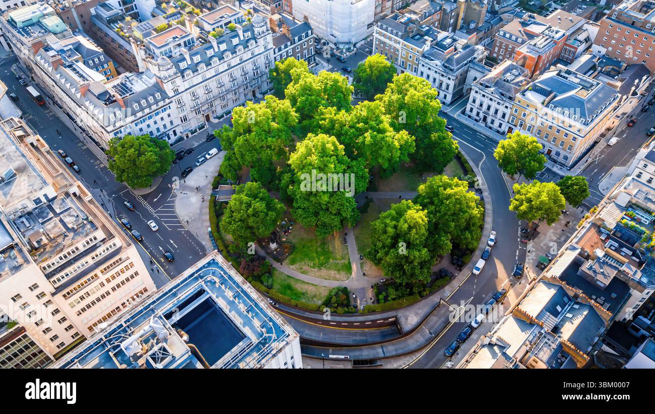 Top-down aerial shot of Cavendish Square, London, with green trees ...