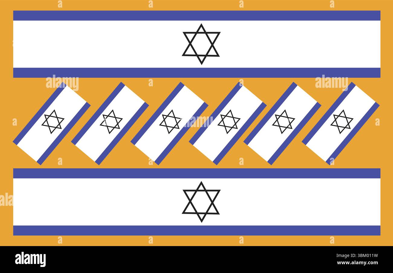 Diagonal striped yellow background with Israeli flags and Jewish star ...
