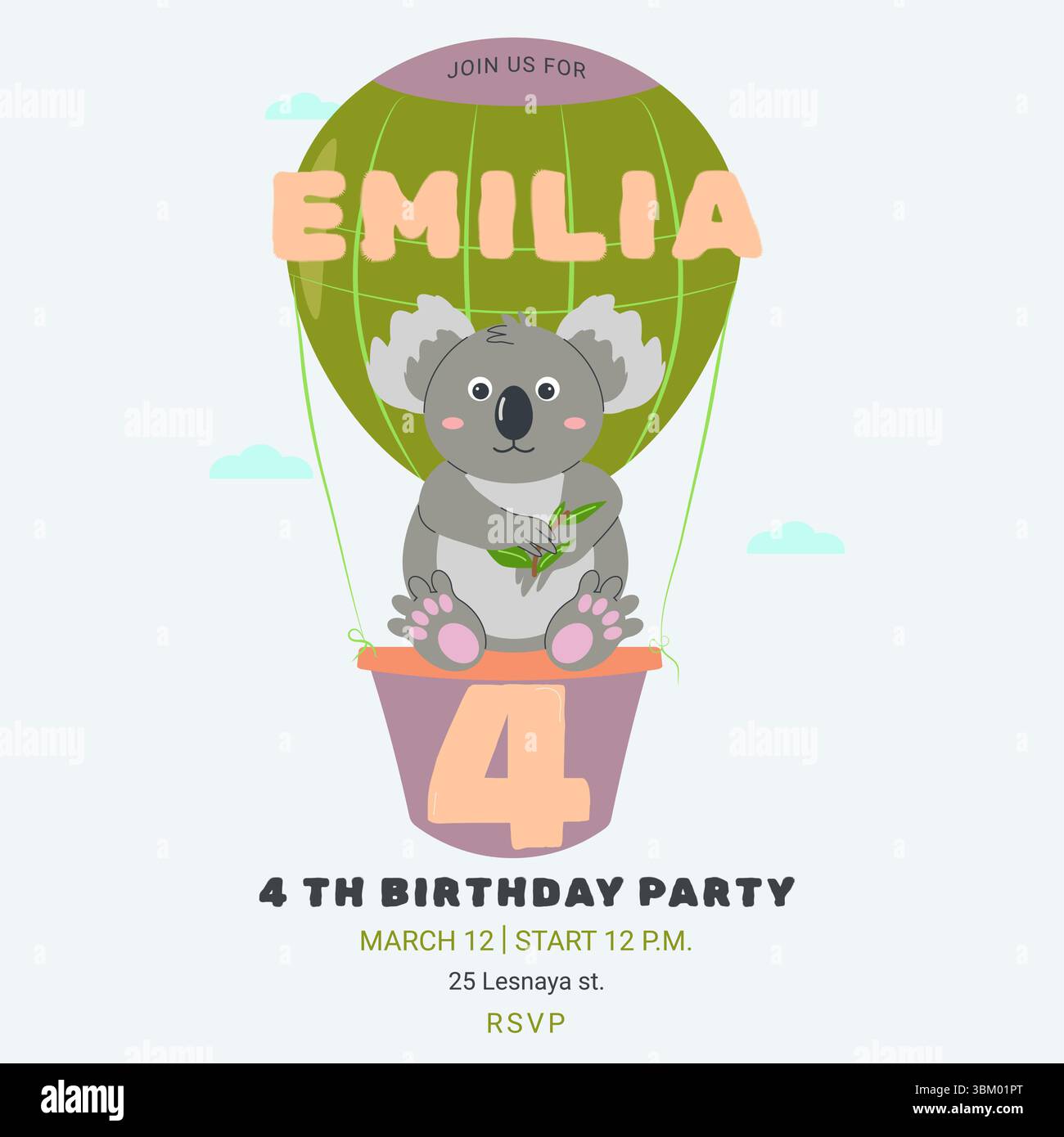 Invitation childrens birthday party with cute koala and number ...