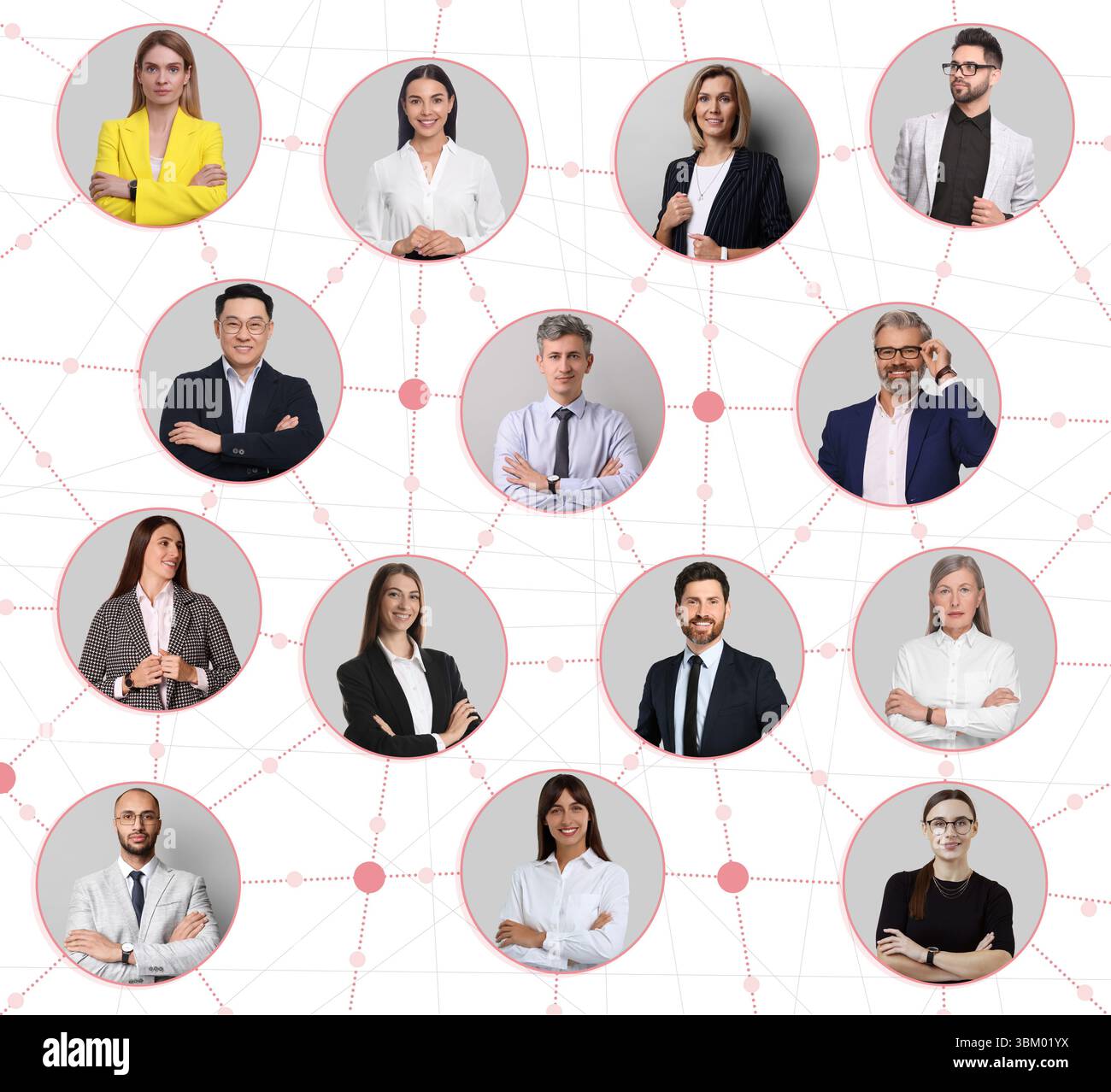 Network: business, communication, team. Circles with portraits of ...