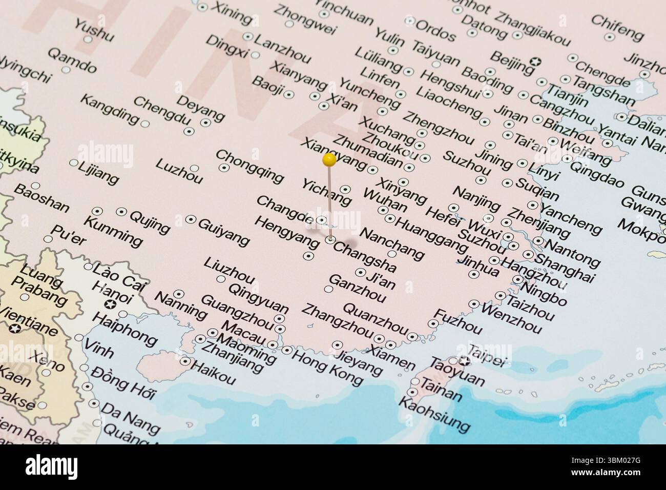 macro photo of a yellow pin needle into Changsha city of China ...