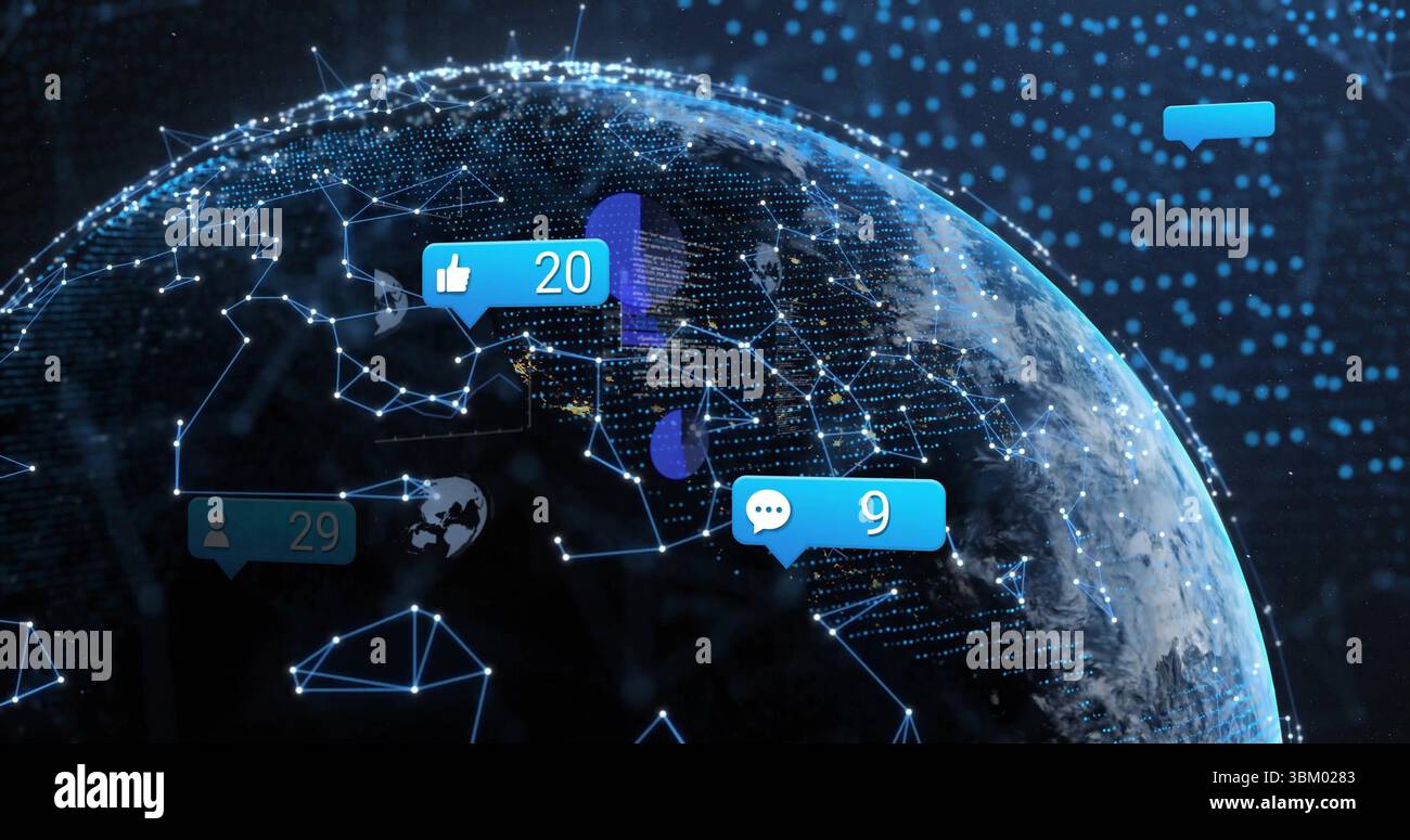 Displaying 3D globe showing network mesh in data space, with thumbs-up ...