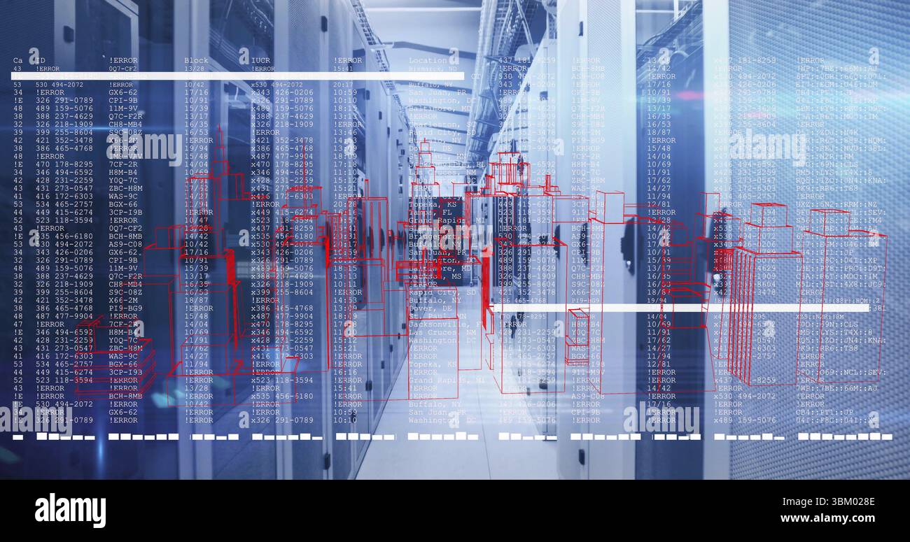 Walking technician navigating aisle between server racks, with floating ...