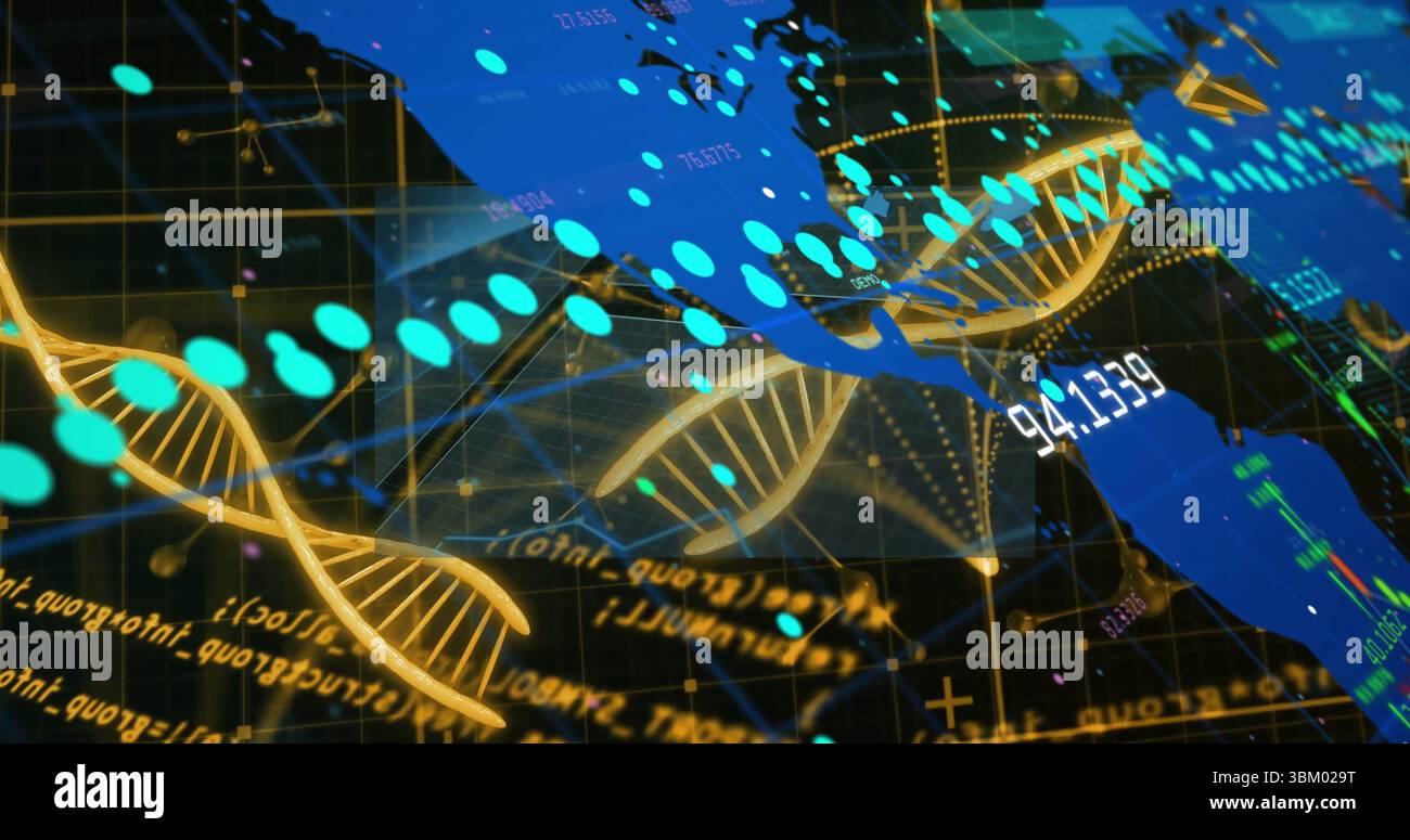 Displaying golden DNA helix strands in virtual data space with cyan ...