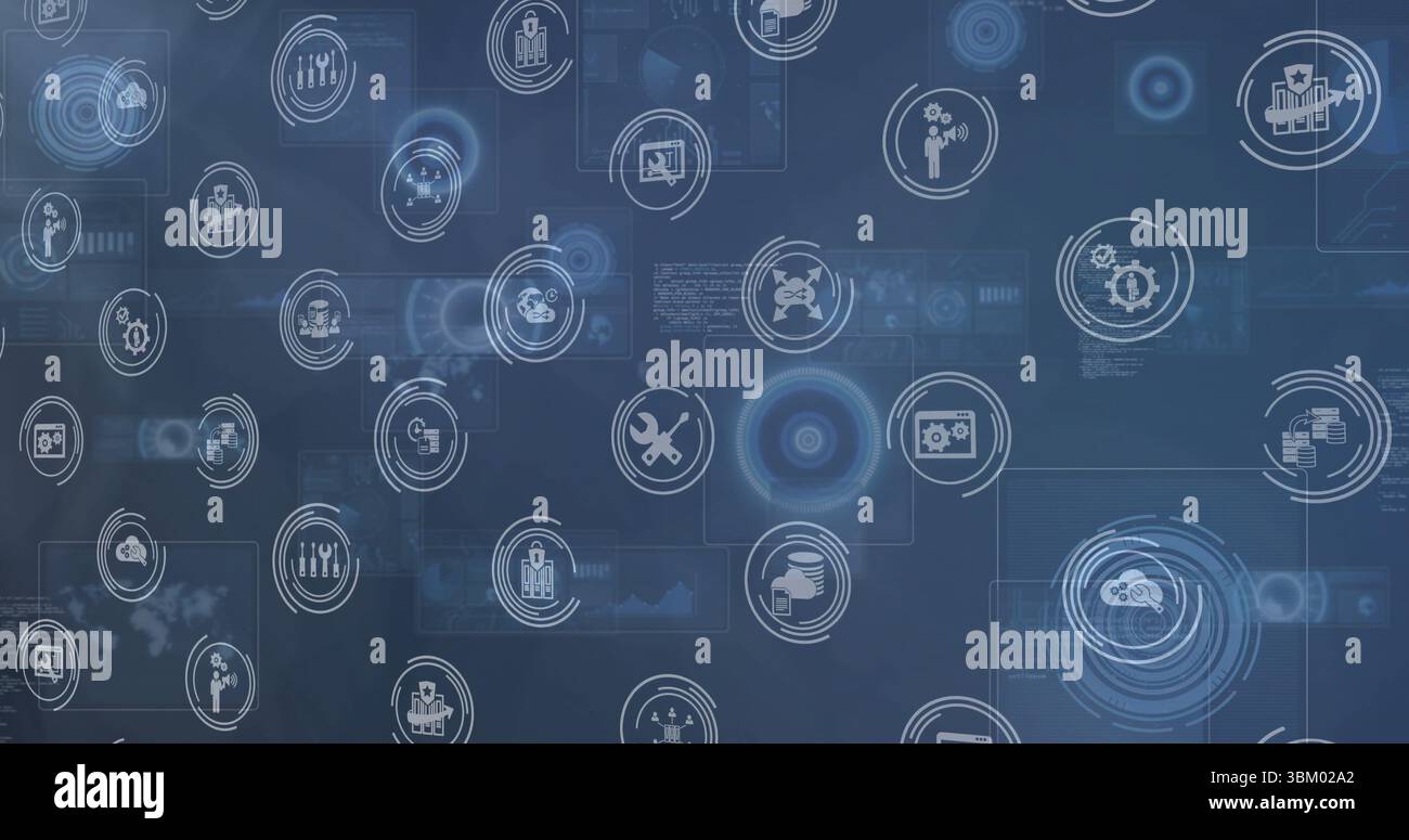 Dark blue digital interface displaying floating panels linked by thin lines, tech icons, copy ...