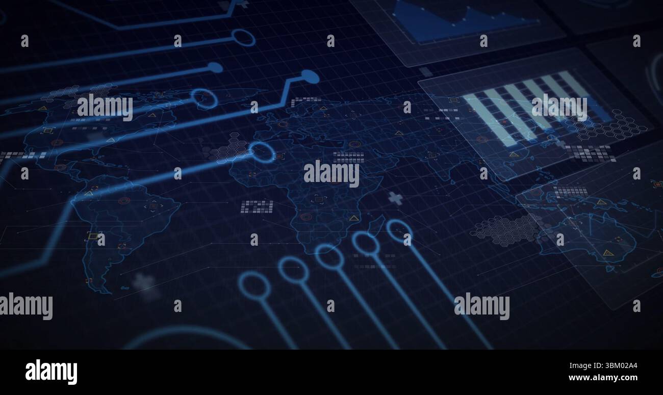 Displaying holographic world map overlay on control panel, with blue circuit lines and data ...