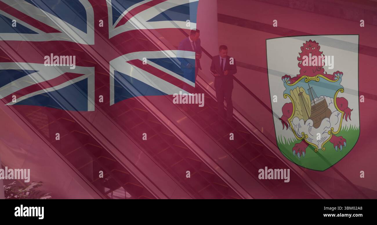 Riding escalator businessmen in dark suits using smartphone and tablet ...
