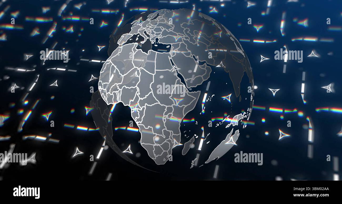 Floating digital globe showing continent outlines in grid matrix, with ...