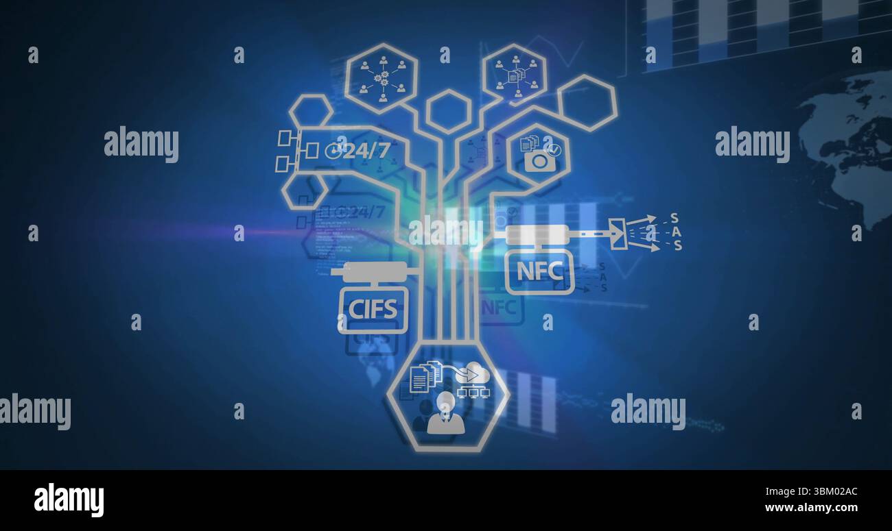 Central network tree branching upward on digital screen, with user ...