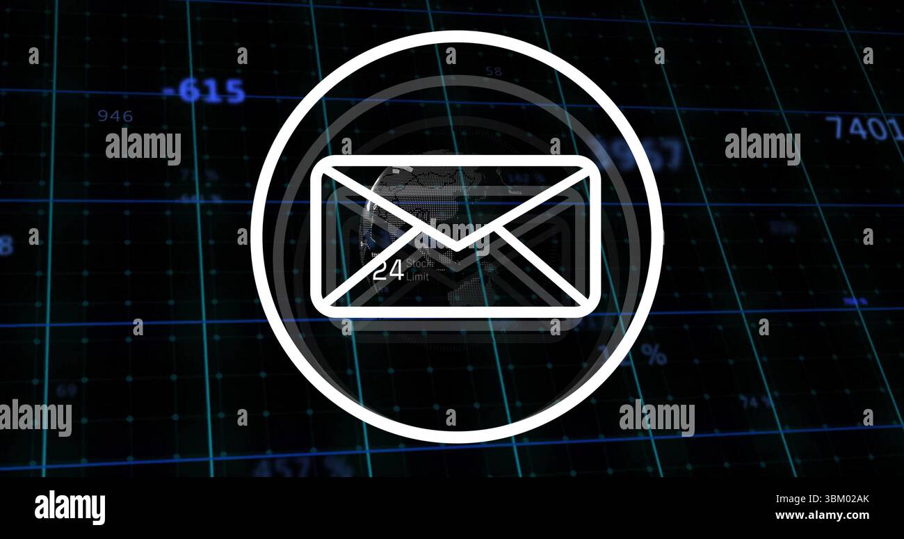 Displaying white envelope icon pulsing within digital dashboard ...