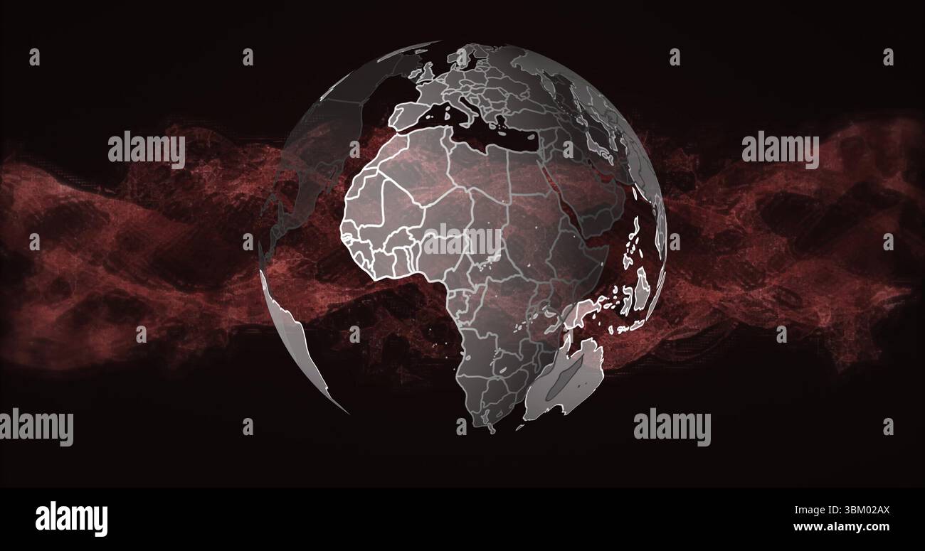 Spinning 3D globe showing white continent outlines in dark virtual ...